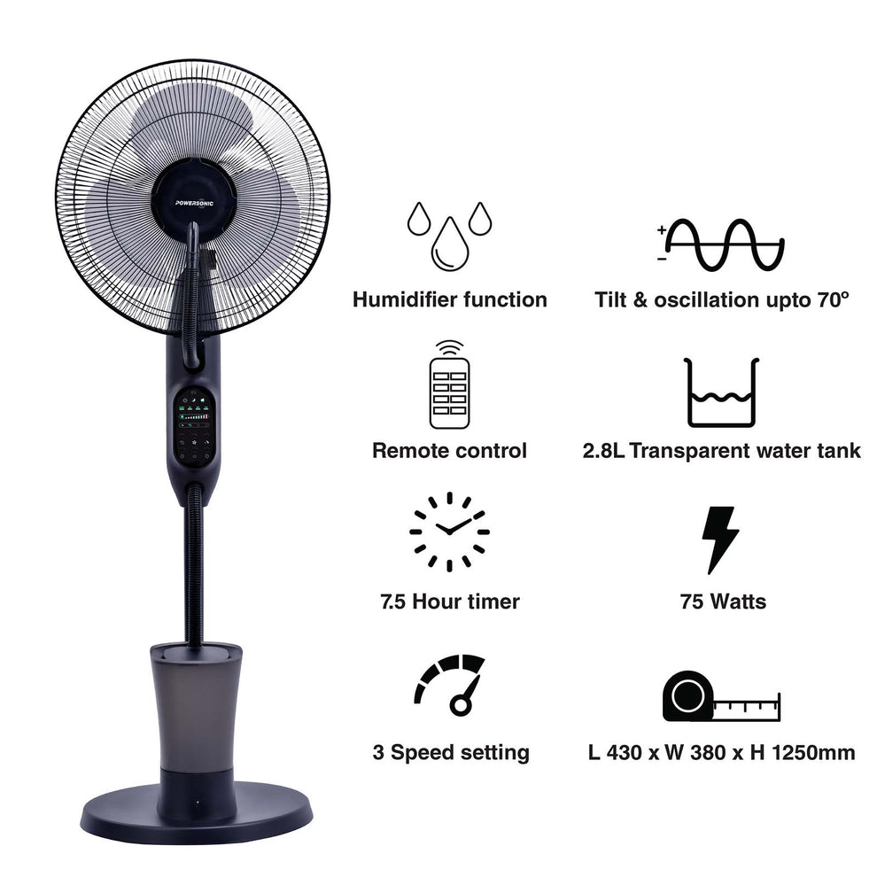 Powersonic Pedestal Oscillating Misting Fan - Black - 3 Speed